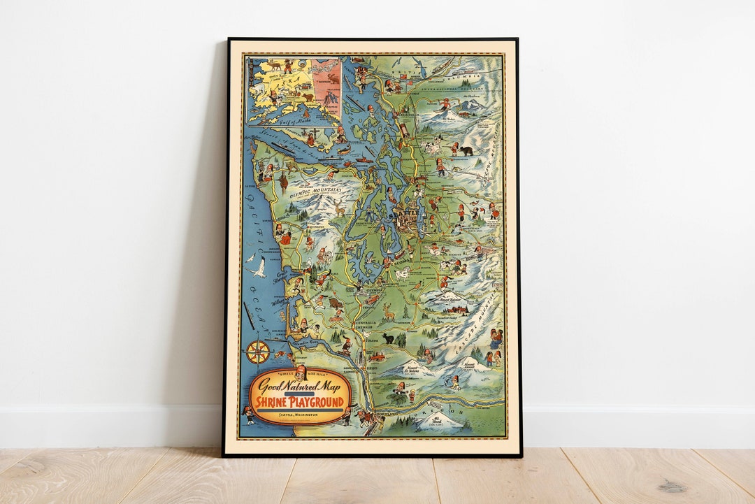 Pictorial Map of State of Washington| Seattle Map Print| Seattle Wall ...