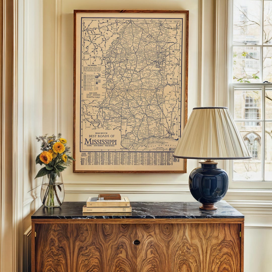 Vintage Mississippi Map Art Print: 1926 Roads, Framed Canvas Wall Decor ...