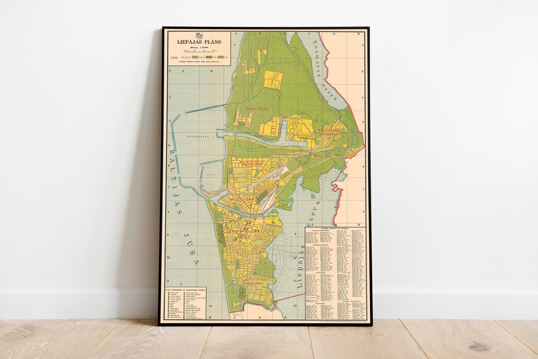 Liepaja City Map Wall Print| Framed Map Wall Decor| 1935 Liepaja Map ...