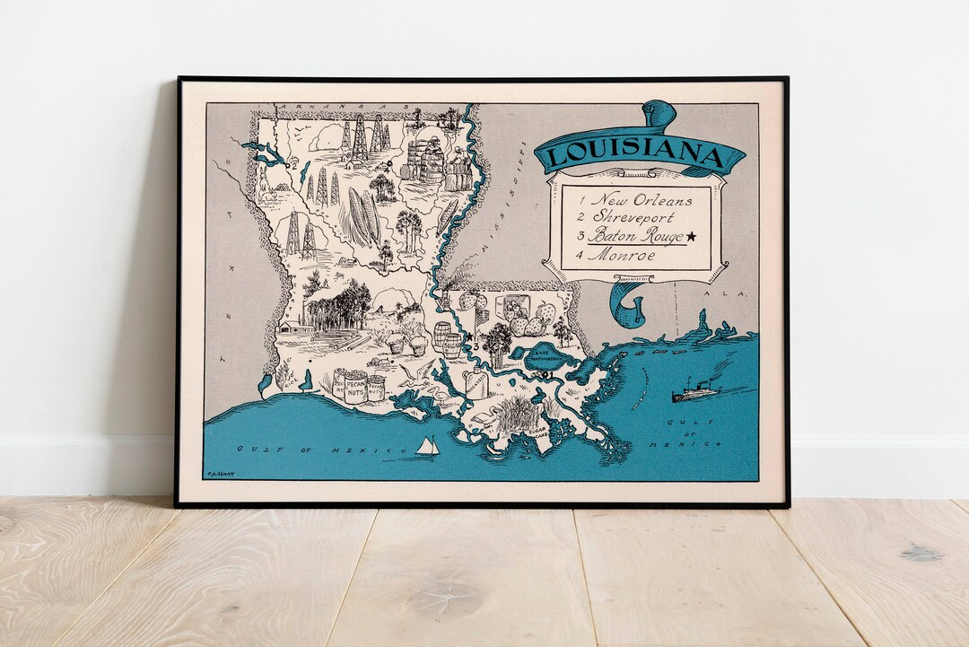 Map of State of Louisiana| Framed Wall Print| Louisiana Wall Map Poster ...