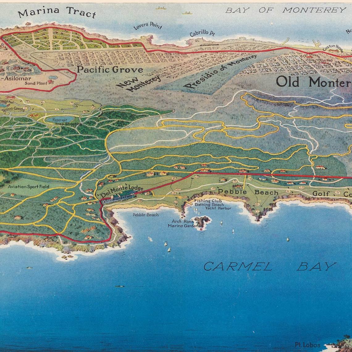 Bird's Eye View Map of Monterey Peninsula 1928 Panoramic | Etsy