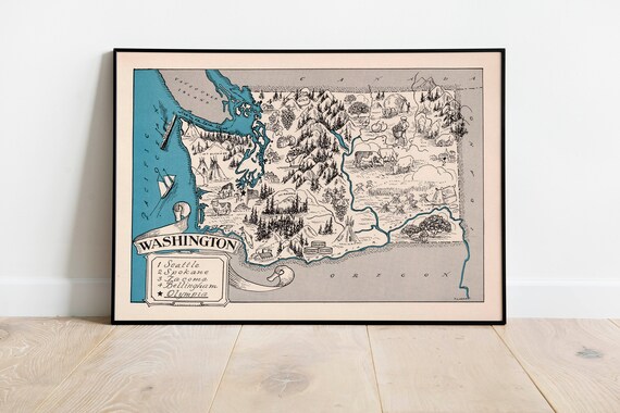 Vintage Washington Map Print Washington Canvas Wall Art Old | Etsy