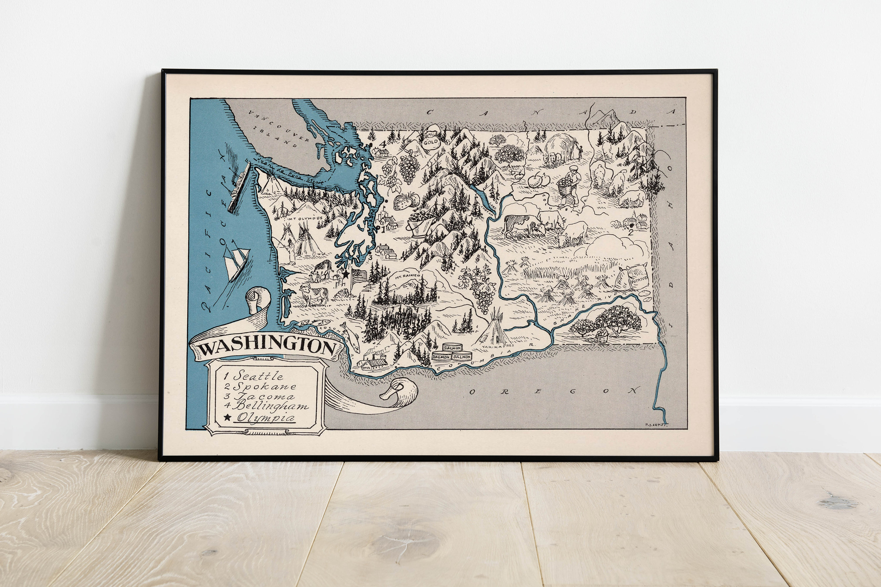 Vintage Washington Map Print Washington Canvas Wall Art Old | Etsy