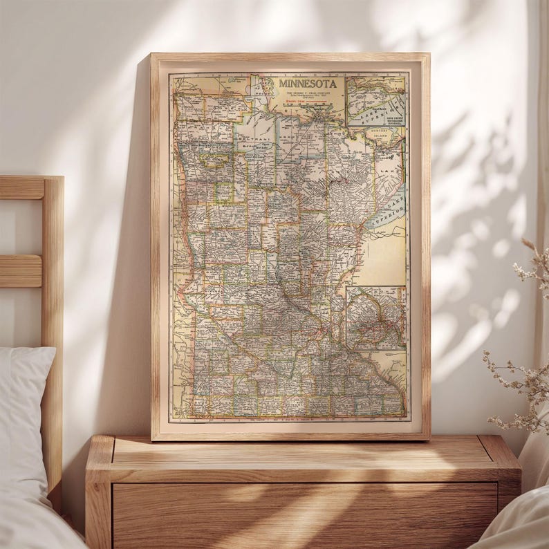 1920s Minnesota Map Art Print: Vintage Wall Decor, Framed Option - Etsy