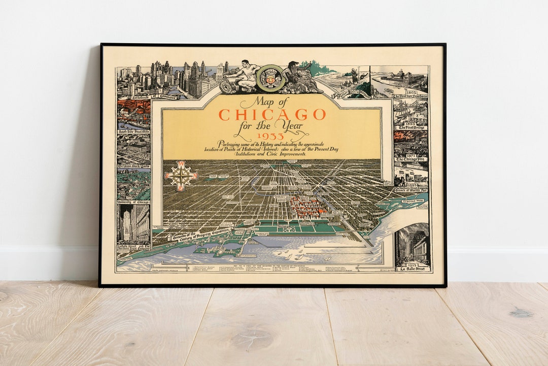 Map of Chicago 1933| Chicago Map Print Wall Art| Vintage Map Poster for ...
