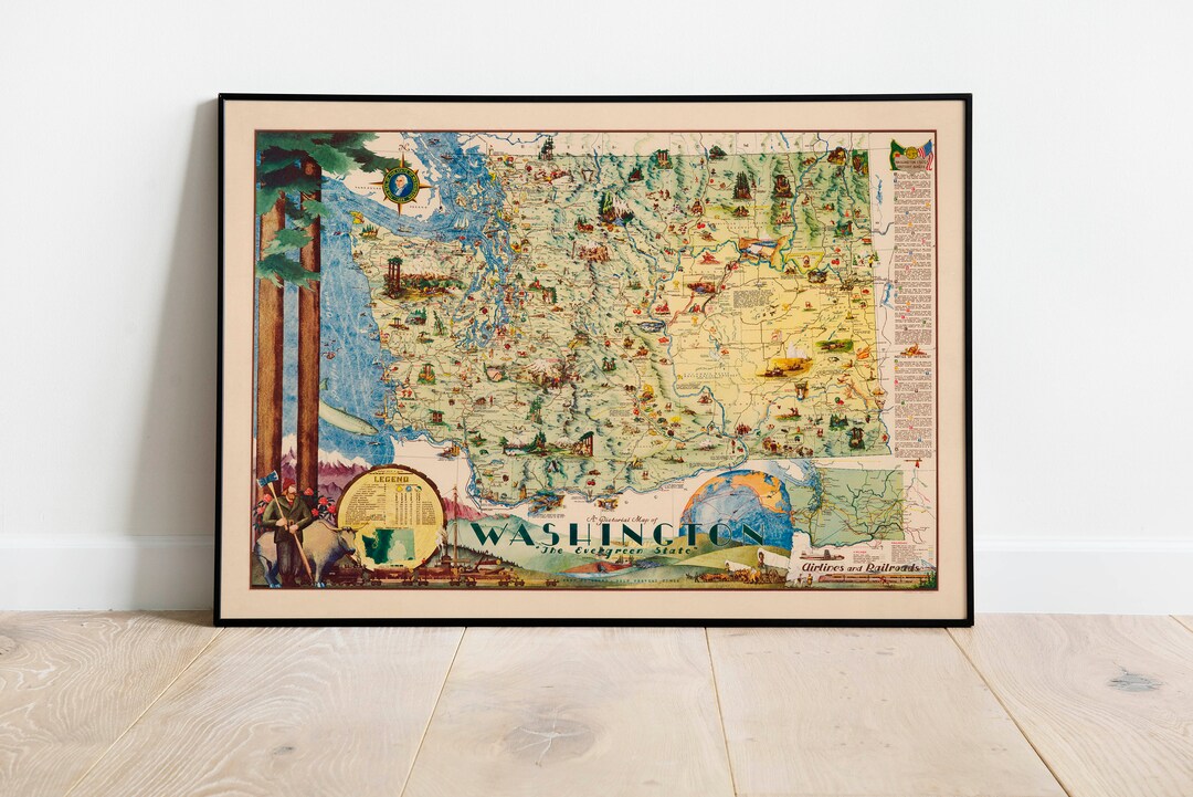 Pictorial Map of Washington| the Evergreen State| Washington Wall Art ...