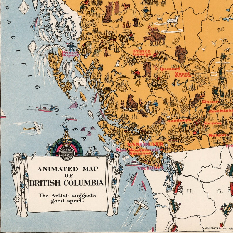 Vintage Map of British Columbia Poster Print Canvas Wall | Etsy