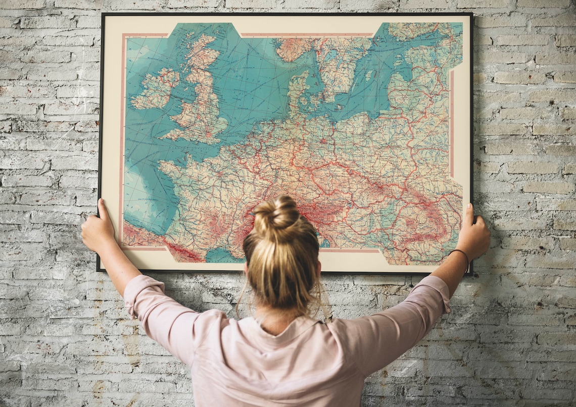 Geographical Map of Western Europe Map Wall Decor Vintage - Etsy