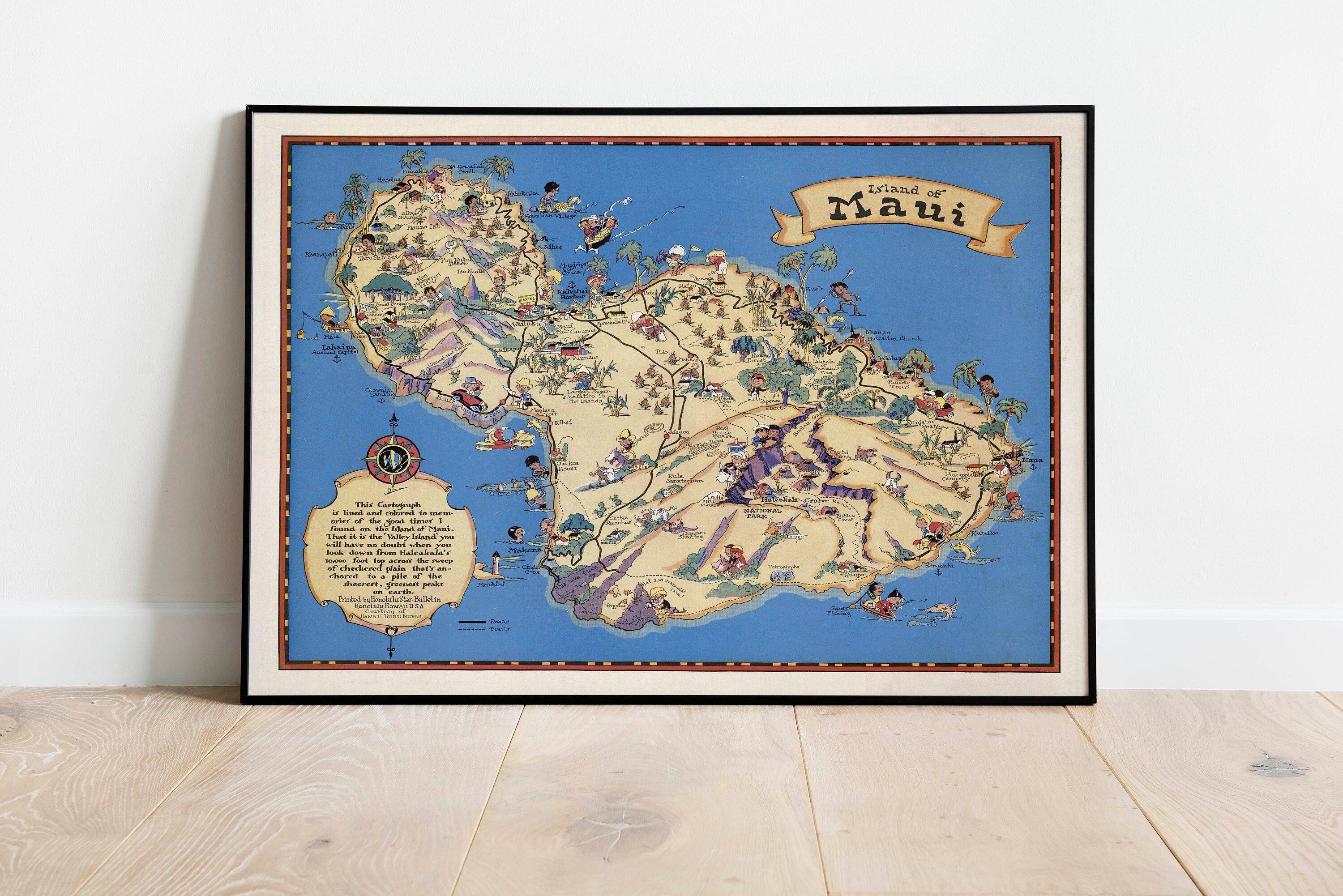 Maui Map Print Art History 1931 Maui Map Wall Art Framed | Etsy