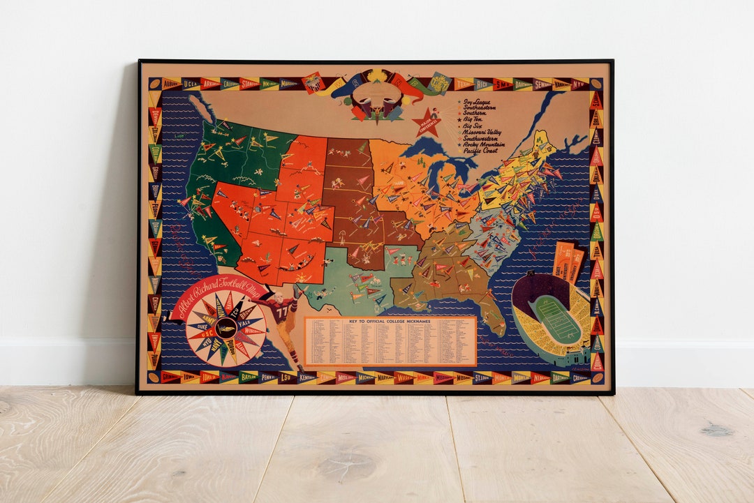 Pictorial Football Map of the United States for 1938| Poster Print ...