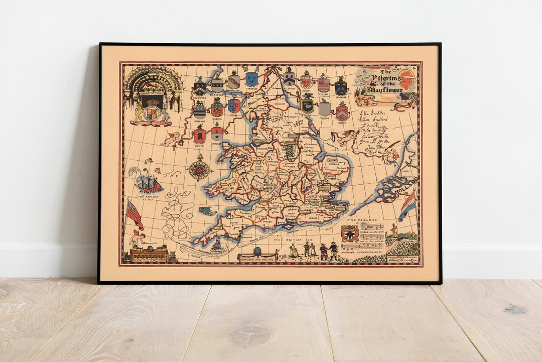The Pilgrims of the Mayflower| Map of England and Holland| Vintage Map ...