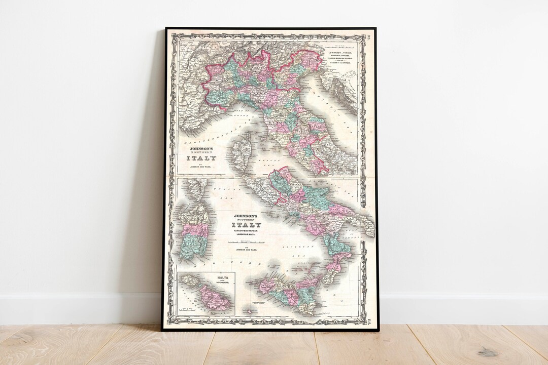 Italy Map Wall Print| 1862 Italy Map| Poster Print| Canvas Print Wall ...