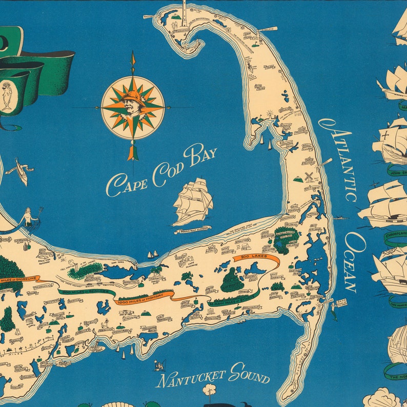 Decorative Map of Cape Cod Vintage Map Print Cape Cod Wall | Etsy