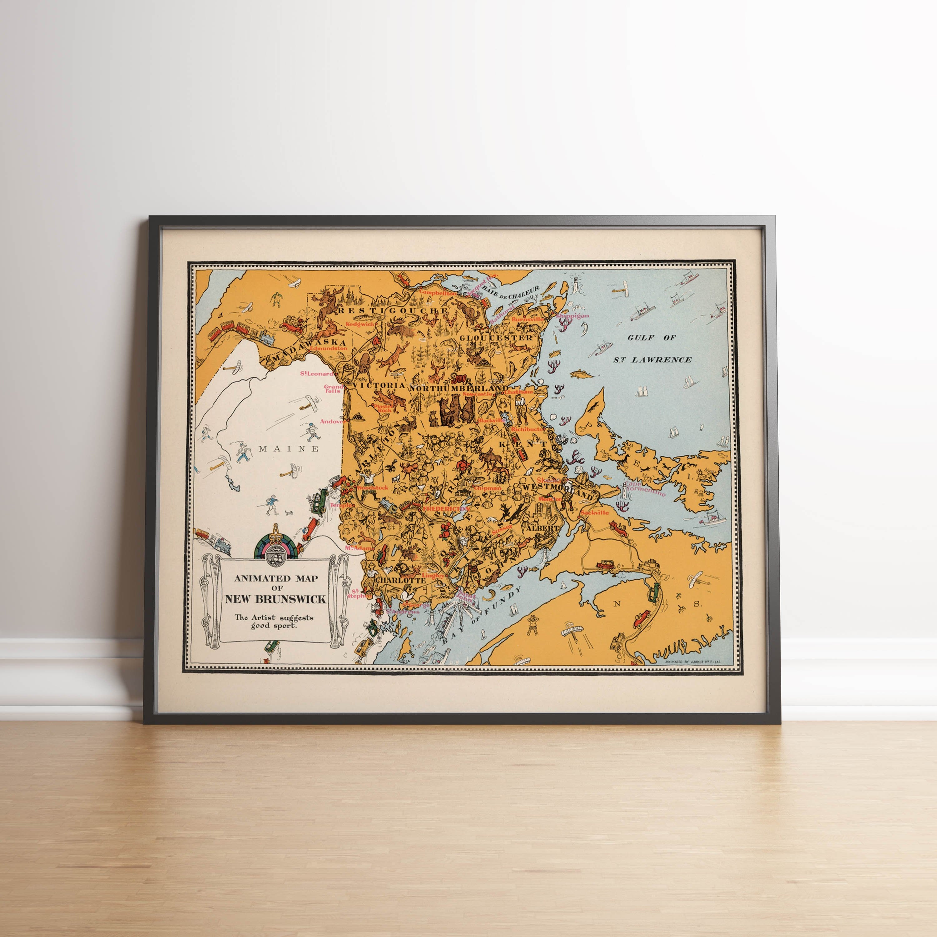 Animated Map of New Brunswick Vintage Map Print Old Map Wall | Etsy