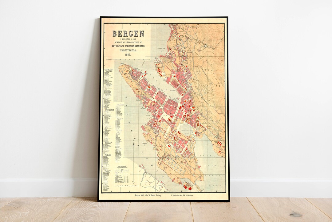 Bergen City Map Wall Print| 1885 Bergen City Plan Map| Poster Print ...