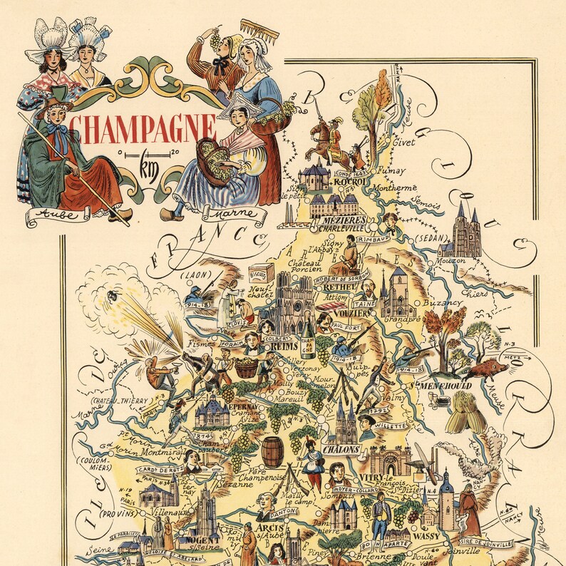 Decorative Map of Champagne Region France Vintage Map Art | Etsy