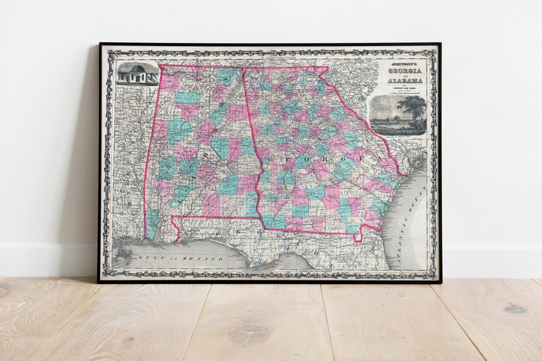 Georgia & Alabama Antique Map Print: Historical Wall Decor - Etsy