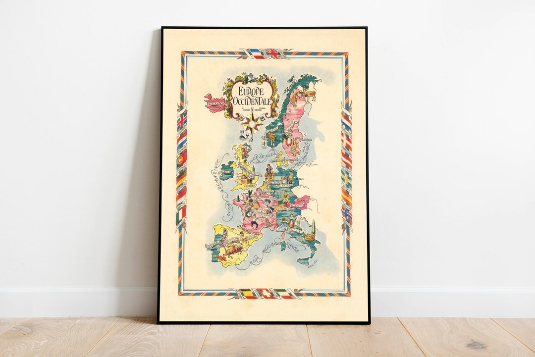 Europe Map Print| Art History| 1951 Western Europe Map Wall Art| Framed ...