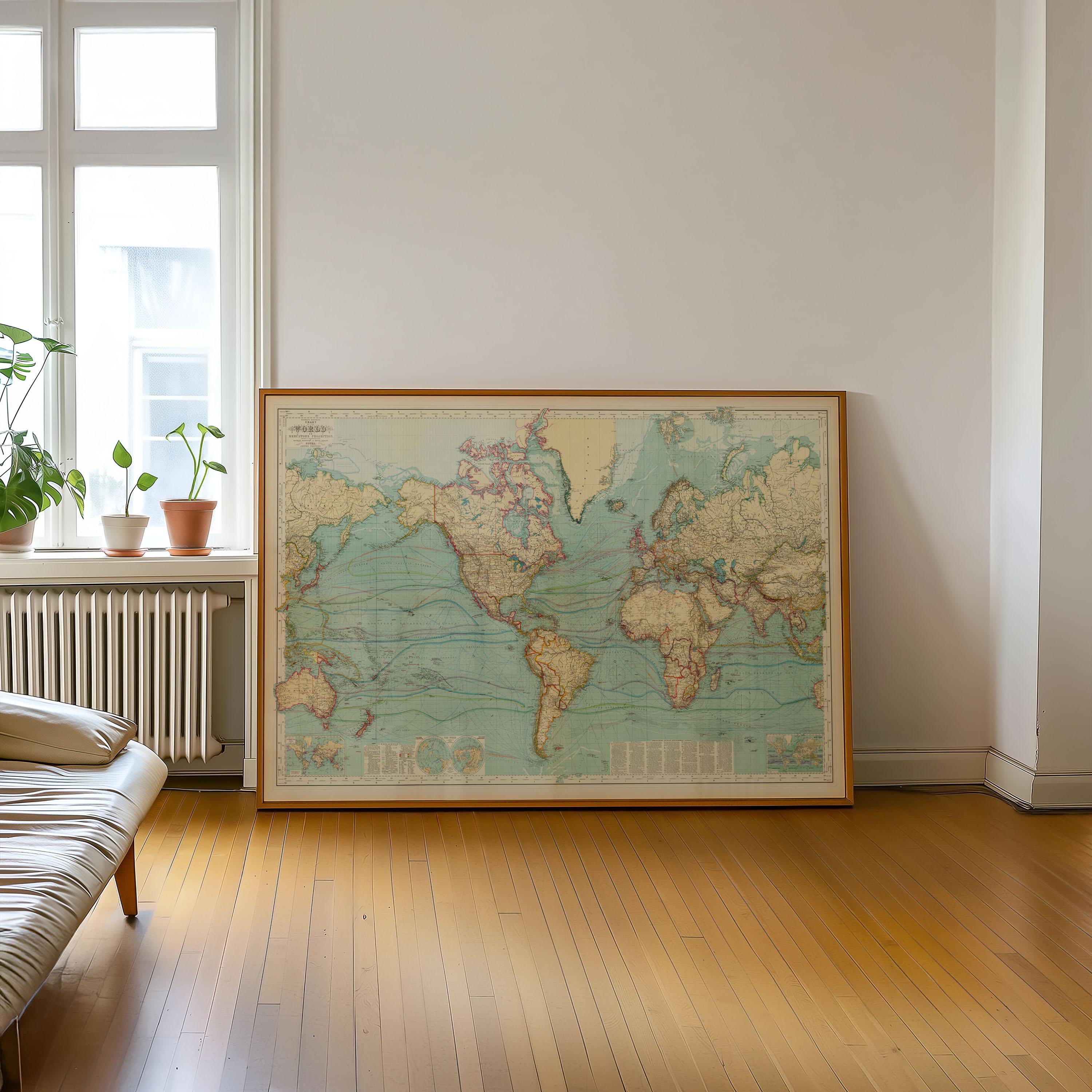 Mercator Projection World Map: Vintage Style Framed Poster or Canvas ...