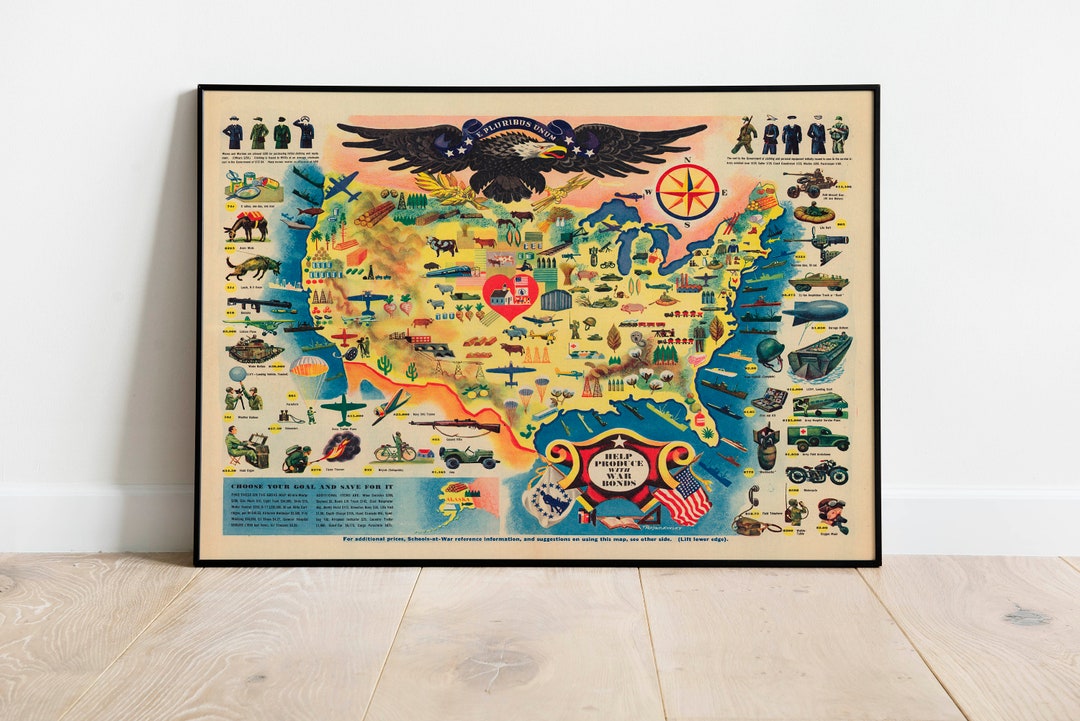 World War 2 Propaganda Poster| Help Produce With War Bonds 1944 USA Map ...