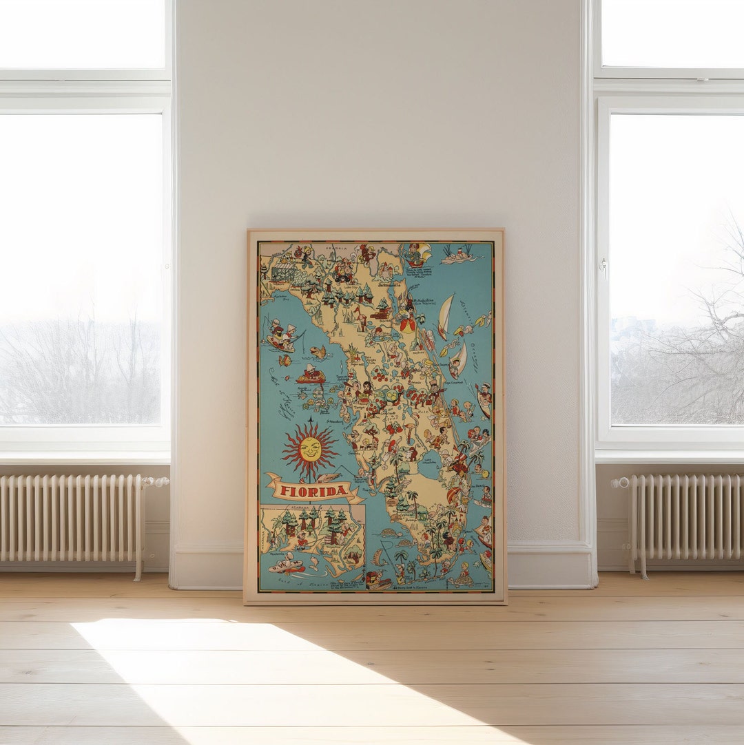Florida Map Print| Fine Art Prints| 1935 Florida Map Wall Art| Framed ...