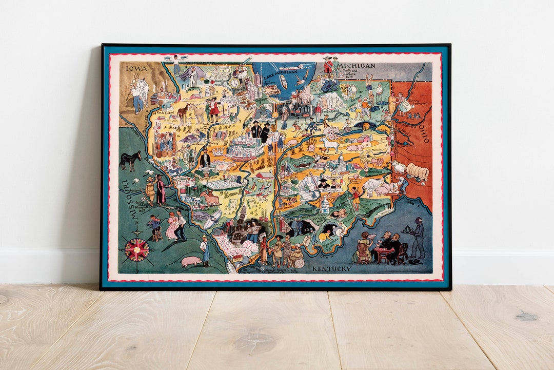 Illustrated Map of Illinois and Indiana: Vintage Canvas Wall Art - Etsy