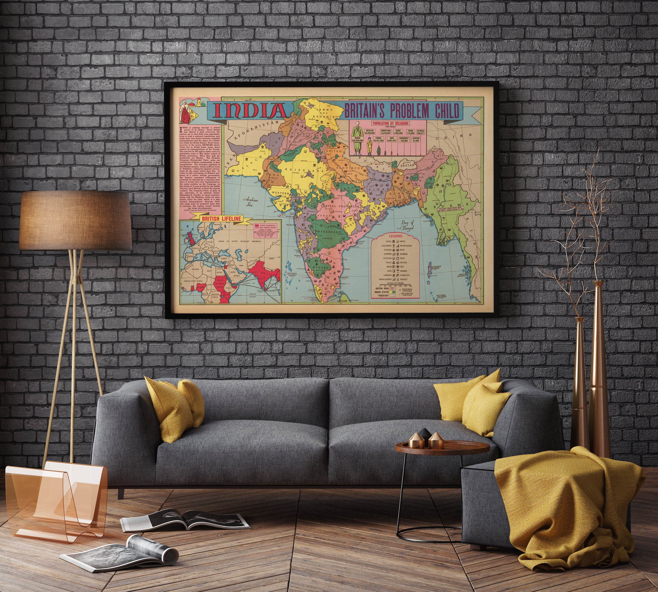 India Map Print Art History 1946 India Map Wall Art Framed - Etsy