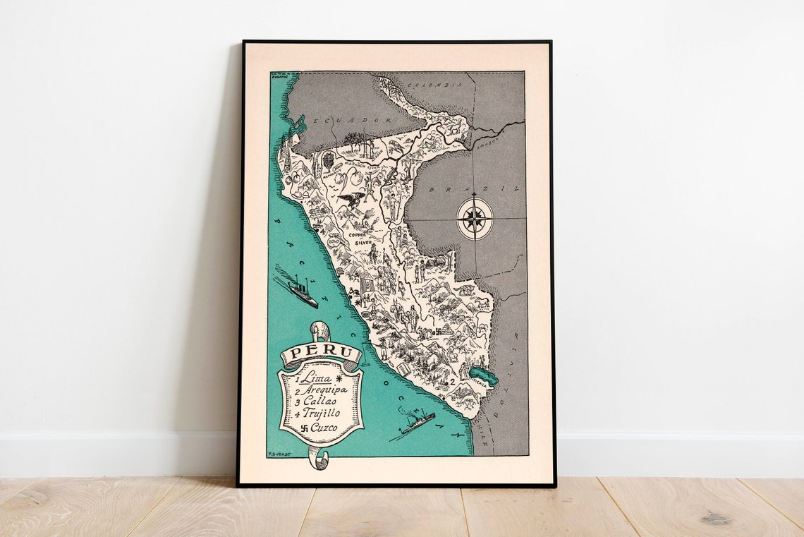 Peru Map Poster Print Vintage Map Wall Art Peru Map Poster | Etsy