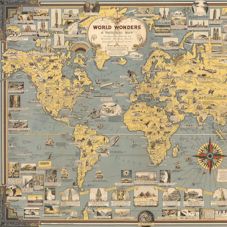 Pictorial Map Print of World Wonders World Map Wall Print | Etsy
