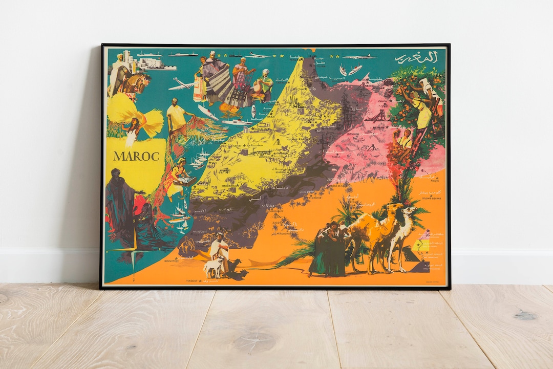 Colorful Pictorial Map of Morocco Old Map Wall Art Print Framed Art ...