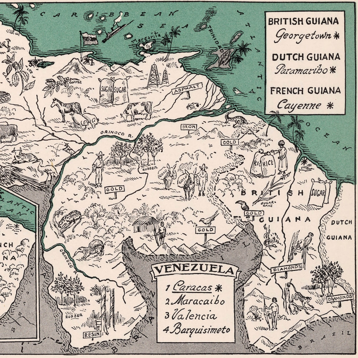 Venezuela Map Print of British Guiana Dutch Guiana and French | Etsy