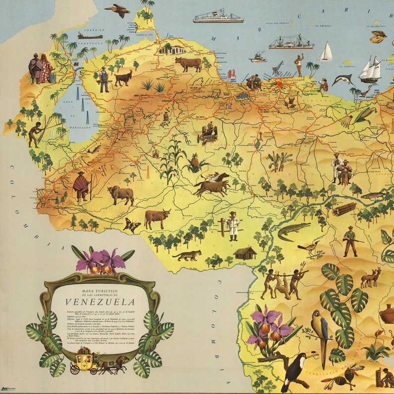 Tourist and Road Map of Venezuela Old Map Venezuela Wall | Etsy