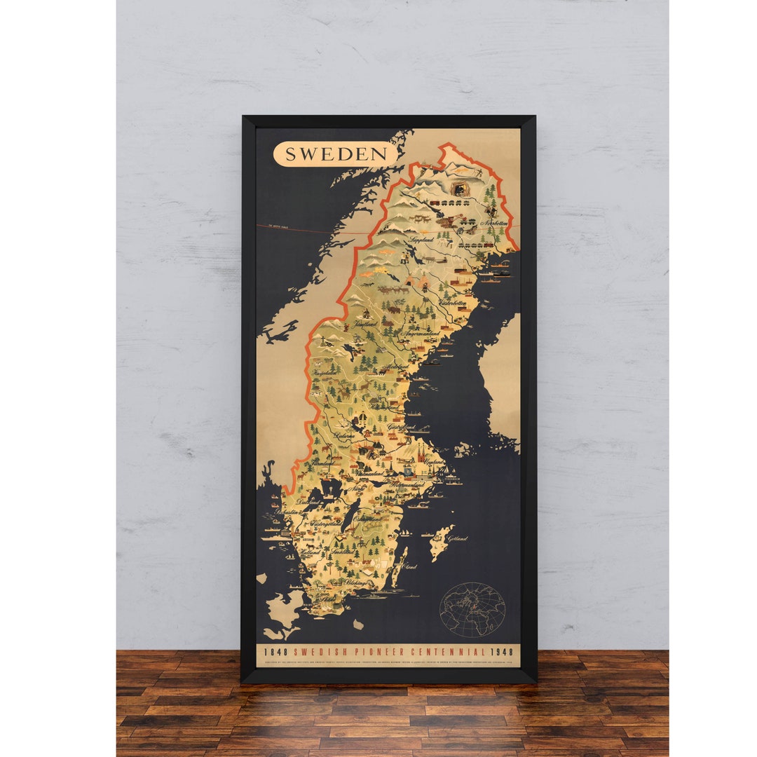 1948 Sweden Pictorial Map Print| Sweden Vintage Maps Wall Decor| Canvas ...