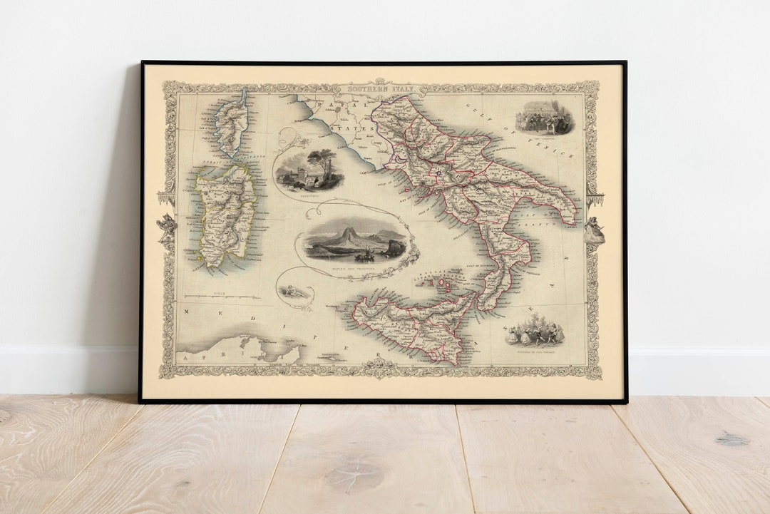 Southern Italy Map Print 1851| Vintage Map Italy| Canvas Print Wall Art ...