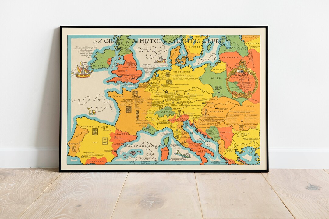 Chart of the History of Printing in Europe 1931| Old Map Wall Prints ...