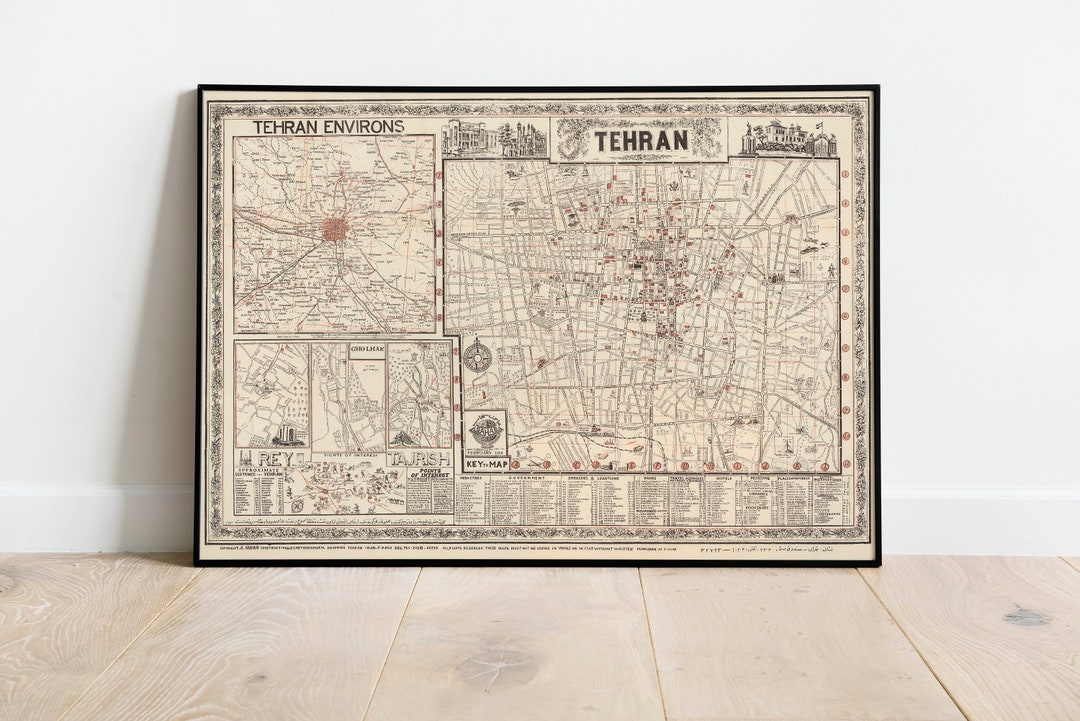 Tehran City Map Wall Print| Framed Map Wall Decor| 1956 Tehran Map Art ...