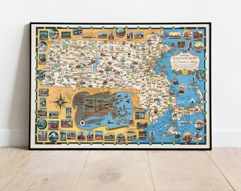 Massachusetts Poster Massachusetts Map Canvas Wall Art | Etsy