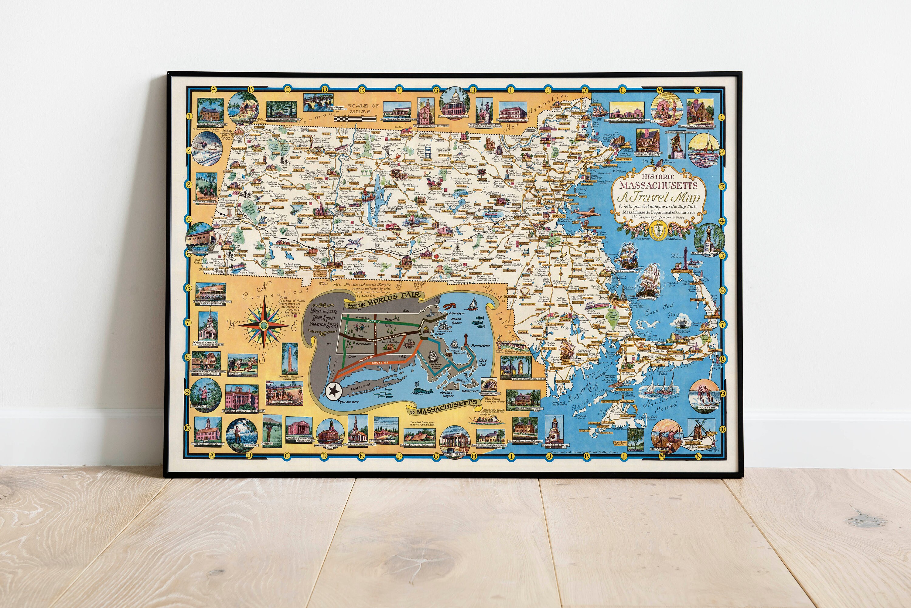 Historic Massachusetts Travel Map Poster Massachusetts Map | Etsy