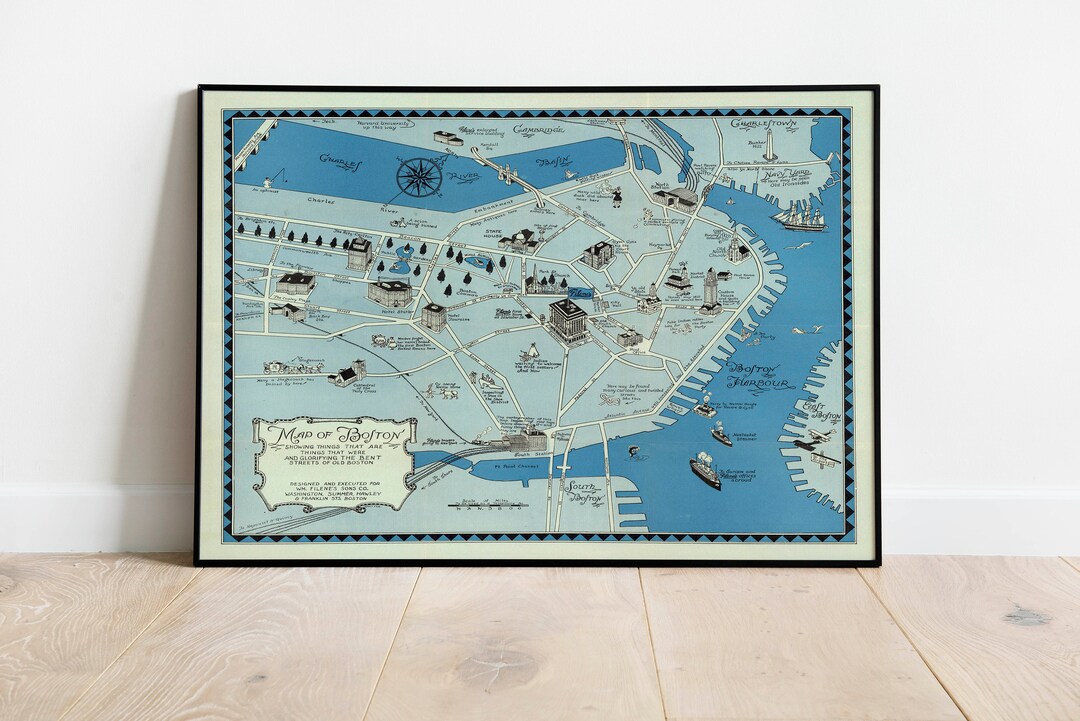 Boston Map Print| Art History| 1926 Boston Map Wall Art| Framed Wall ...