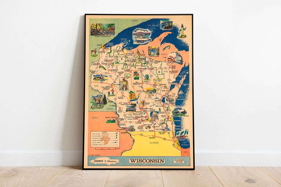 Vintage Wisconsin Map Art Print: Pictorial Wall Decor - Etsy