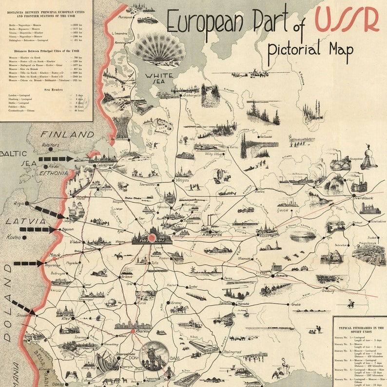 Pictorial Map of European Part of USSR Vintage Soviet Russia | Etsy