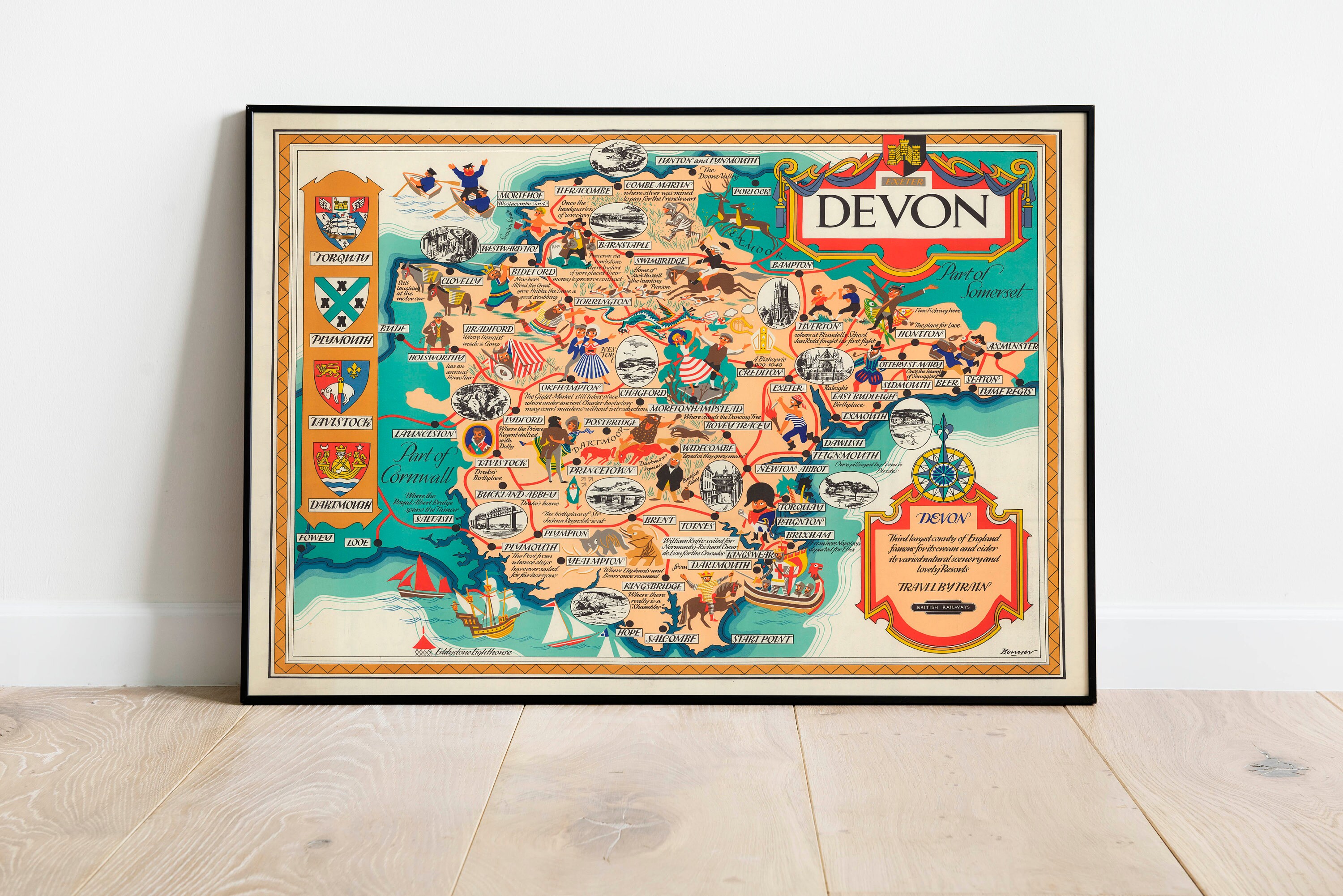 Devon Map Print Art History 1950 Devon Map Wall Art Framed - Etsy