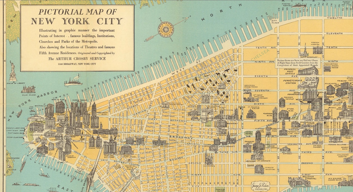 Panoramic Map of Mahattan Pictorial Map of New York City | Etsy