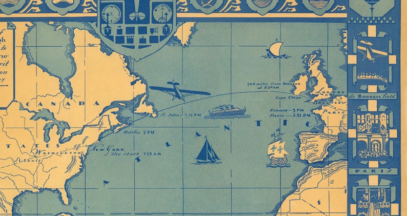 Map of The Flight of Charles Lindbergh from New York to Paris | Etsy