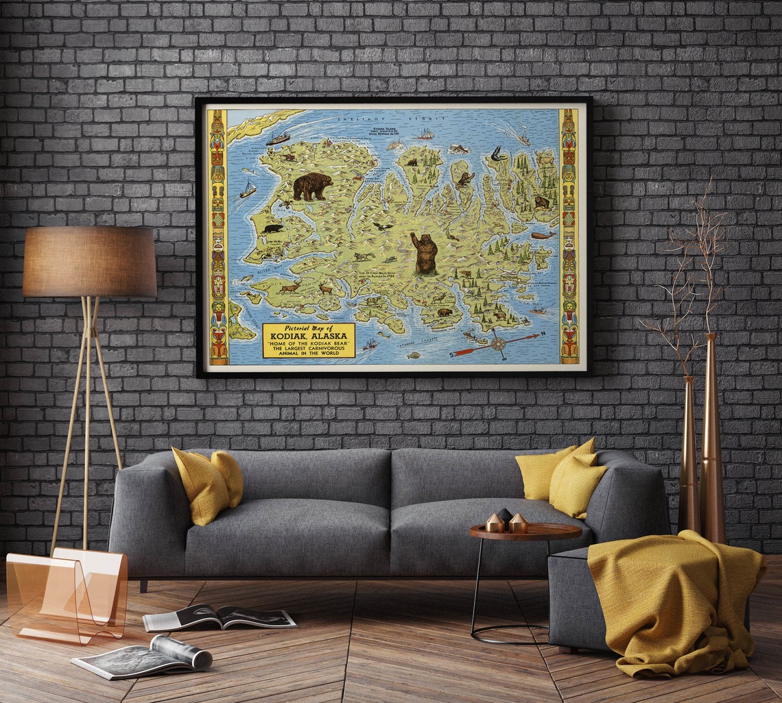 Kodiak Pictorial Map Poster Kodiak Bear Alaska Map Print - Etsy