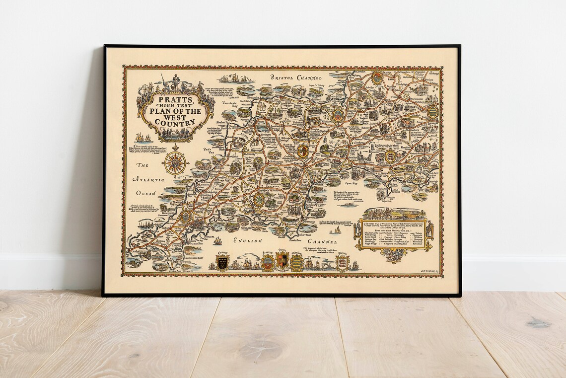 West Country Map Poster England Old Maps Wall Art Canvas - Etsy
