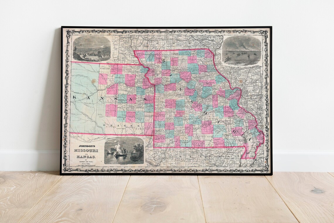 1862 Map of Kansas and Missouri Kansas Old Map Missouri - Etsy