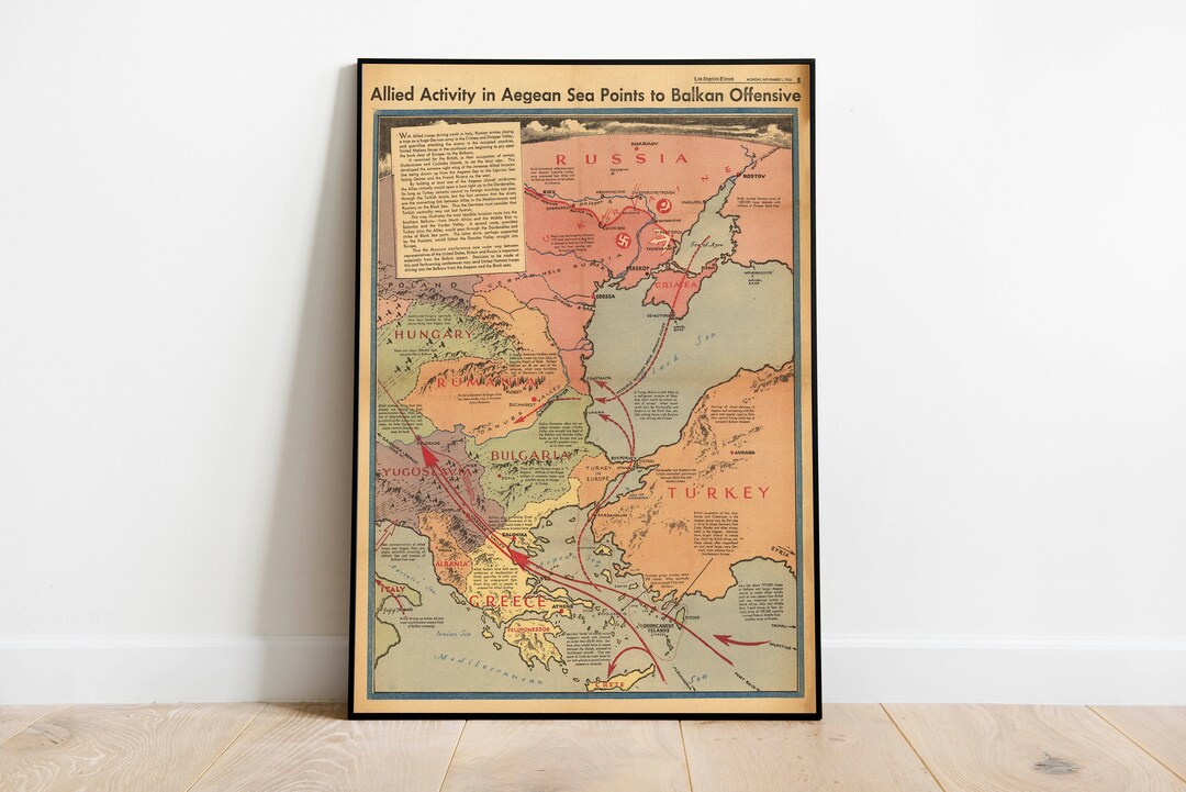 WWII Pictorial Map: 1943 Balkan Offensive, Aegean Sea - Etsy
