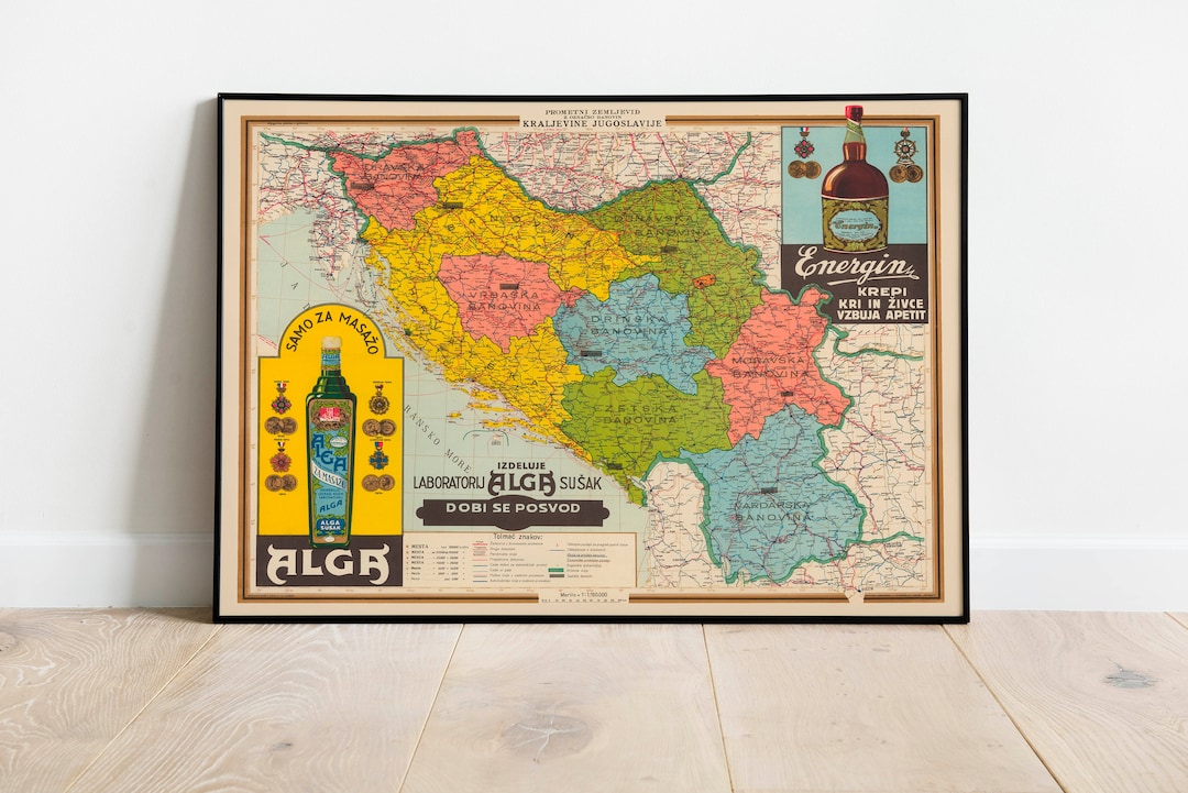 Color Map of Kingdom of Yugoslavia| Framed Wall Art Print| Vintage Map ...