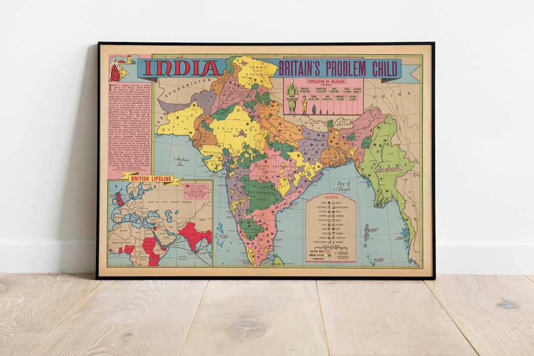 India Map Print| Art History| 1946 India Map Wall Art| Framed Wall Art ...